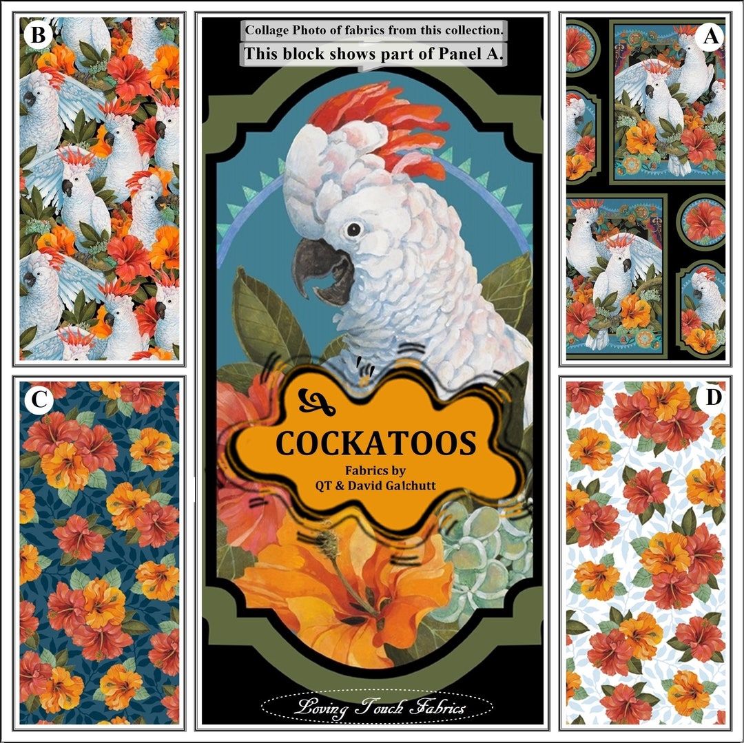 QT, David Galchutt, "cockatoos", Tropical, Hibiscus, Floral, Fabrics - Etsy