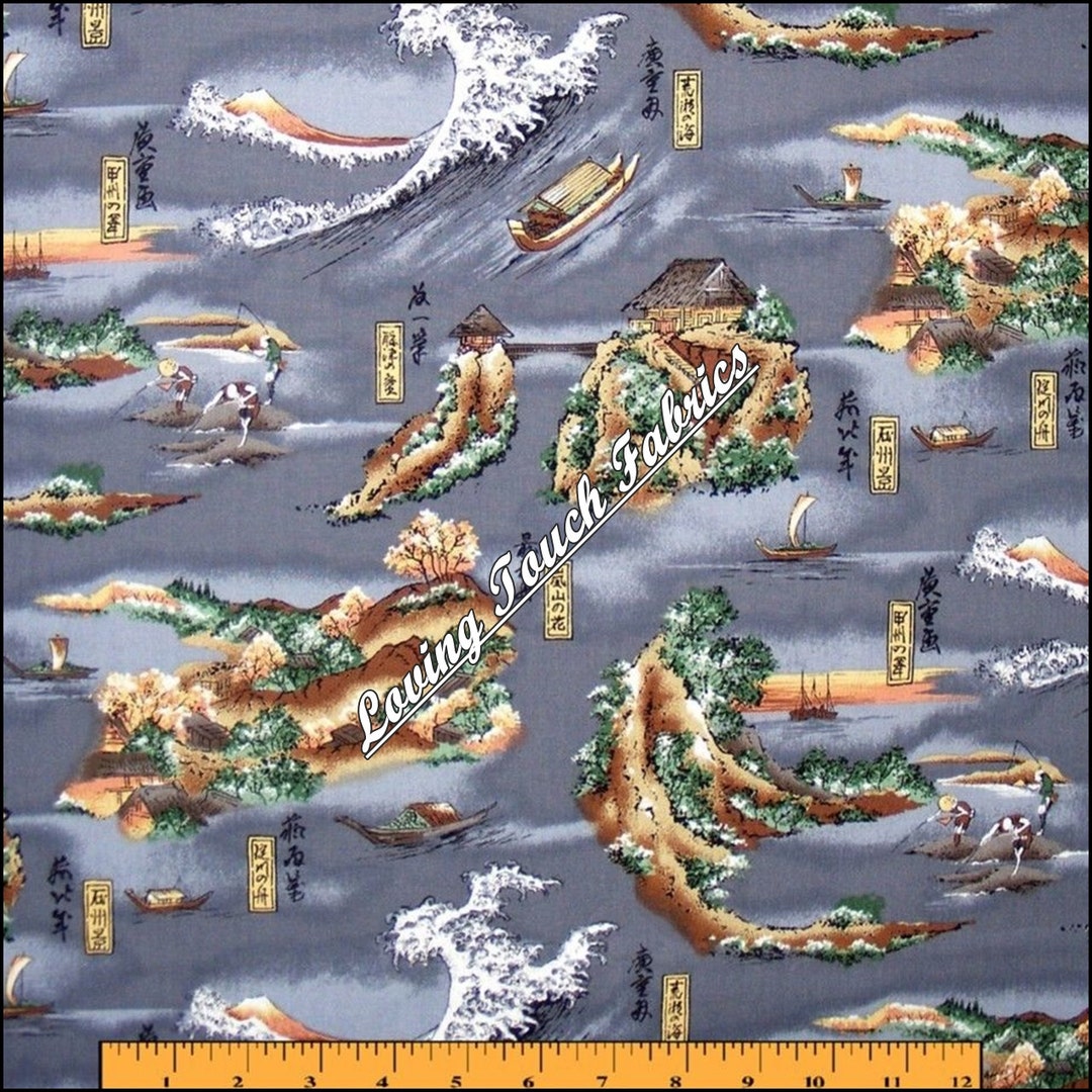2002 Kona Bay Asian Writing Scenic Water Islands Boats #KF-588 Cotton ...