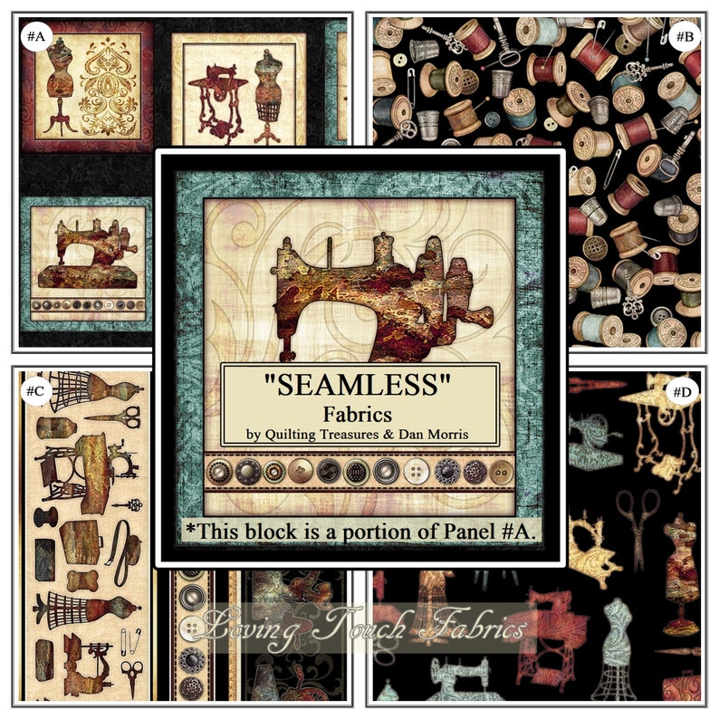 Quilting Treasures Dan Morris "seamless" on Black Sewing Theme Notions ...