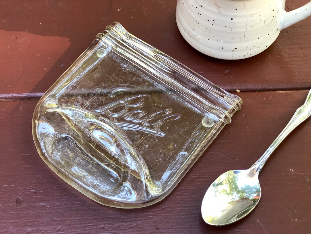 Melted Clear Glass Mason Jar Spoon Rest, Flattened Ball Jar, Stove Top ...