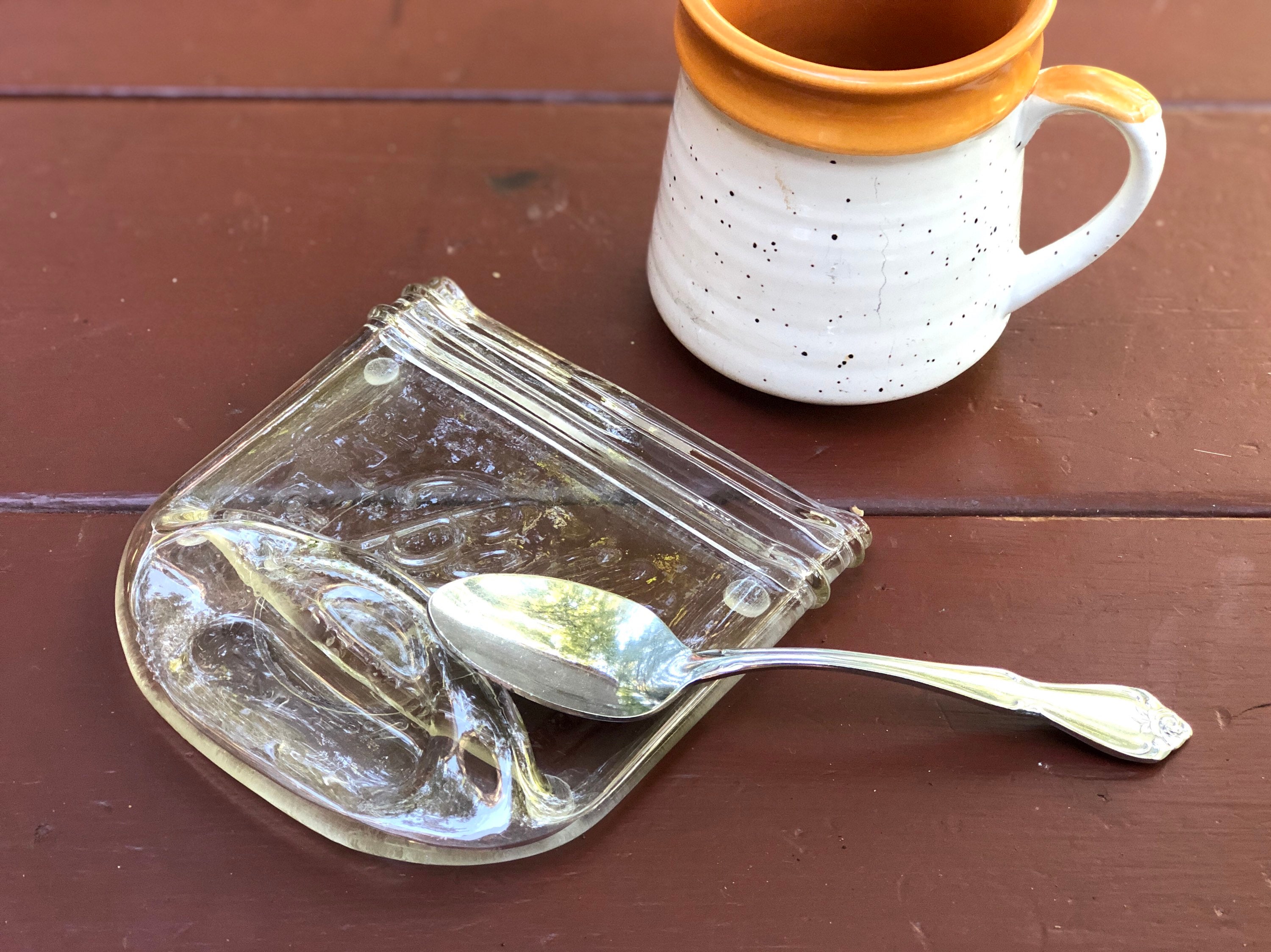 Melted Clear Glass Mason Jar Spoon Rest, Flattened Ball Jar, Stove Top ...