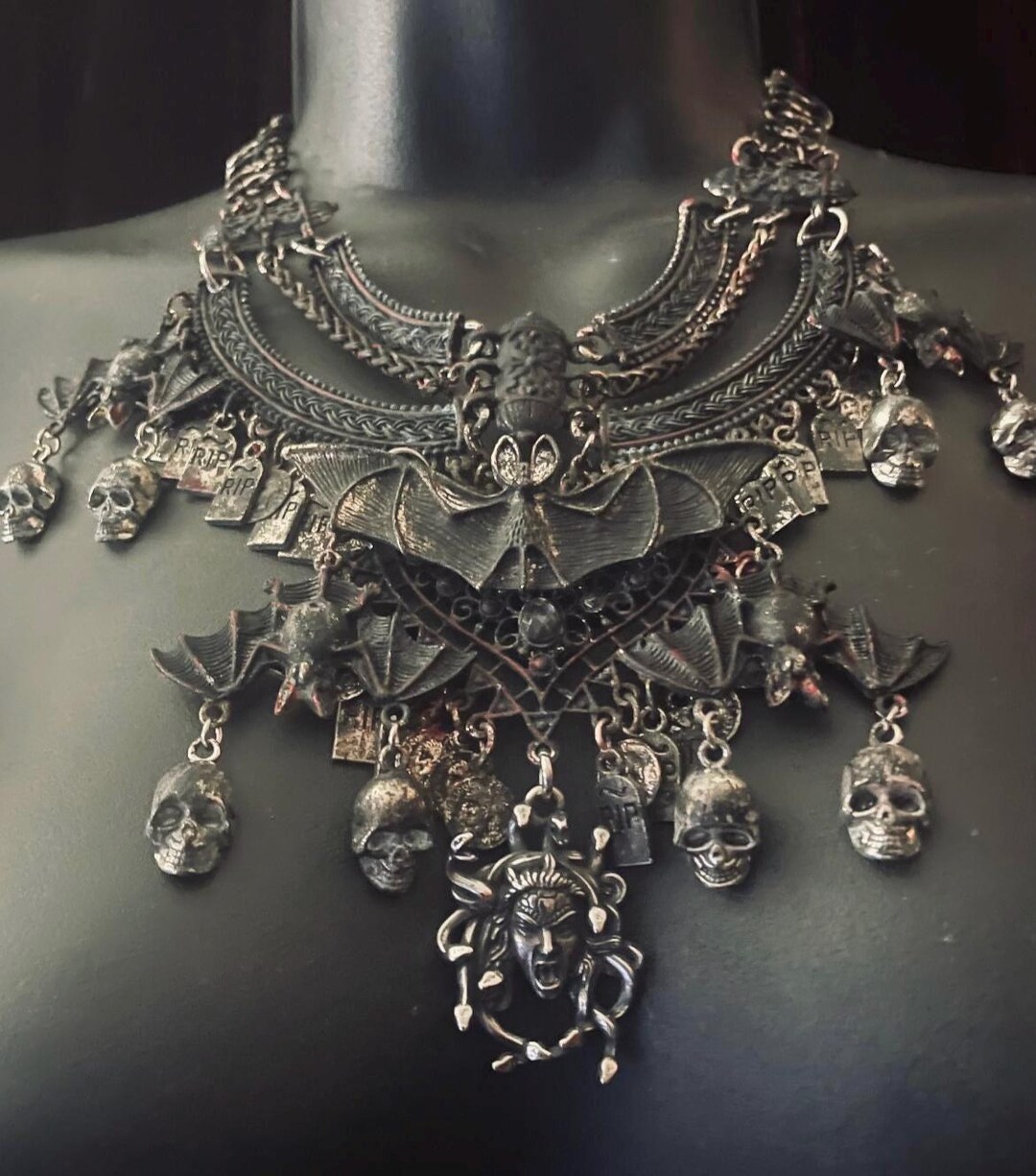 The Goddess Medusa With Skulls and Bats Bib With 3 Pendants and ...