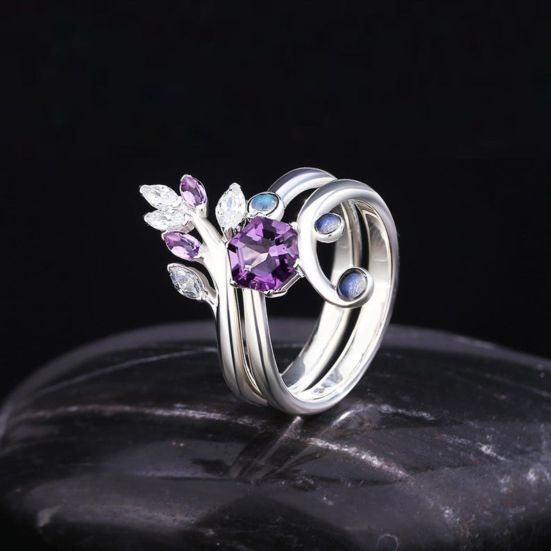 Amethyst Engagement Ring Set – Sterling Silver Galaxy Leaf Wedding ...
