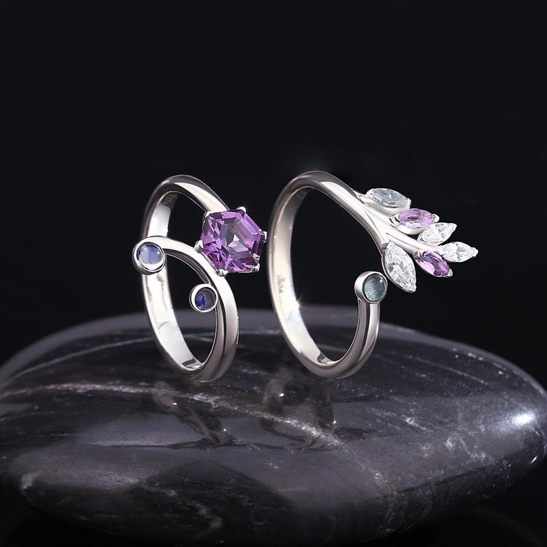 Amethyst Engagement Ring Set – Sterling Silver Galaxy Leaf Wedding ...