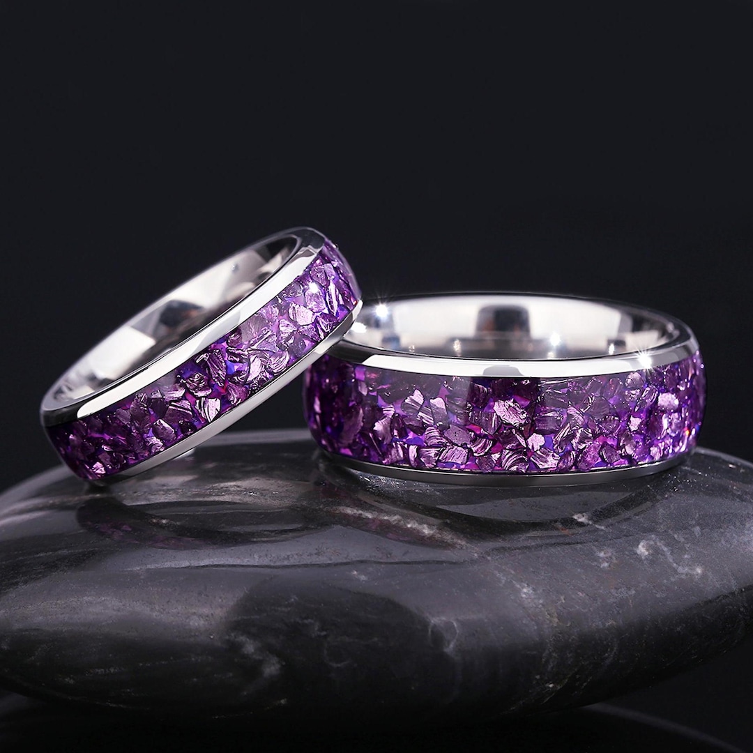 Unique Amethyst Crushed Gemstone Wedding Bands for Couples - Matching His and Her Rings - Purple ...