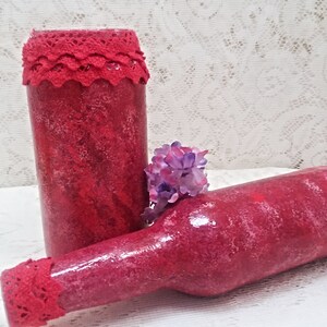 Red Painted Bottle and Jar Set, Upcycled Painted Bottle Art, Red Boho ...