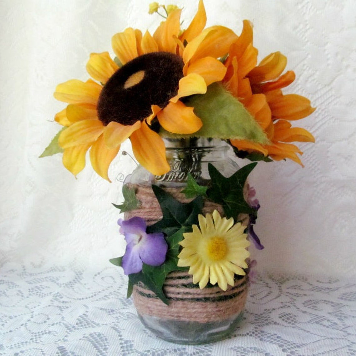 Twine Wrapped Mason Jar Vase Purple Boho Decorative Upcycled - Etsy