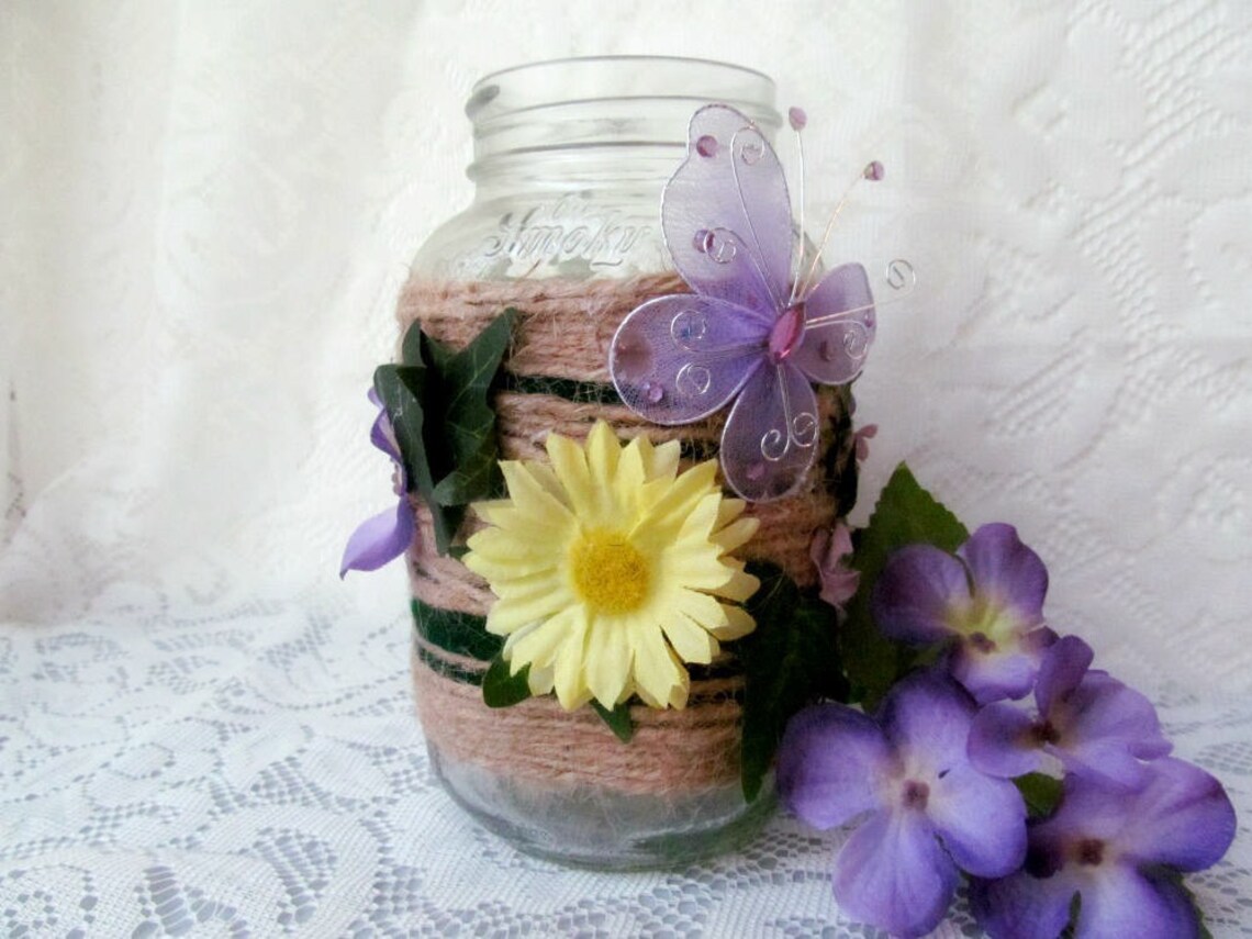 Twine Wrapped Mason Jar Vase Purple Boho Decorative Upcycled - Etsy