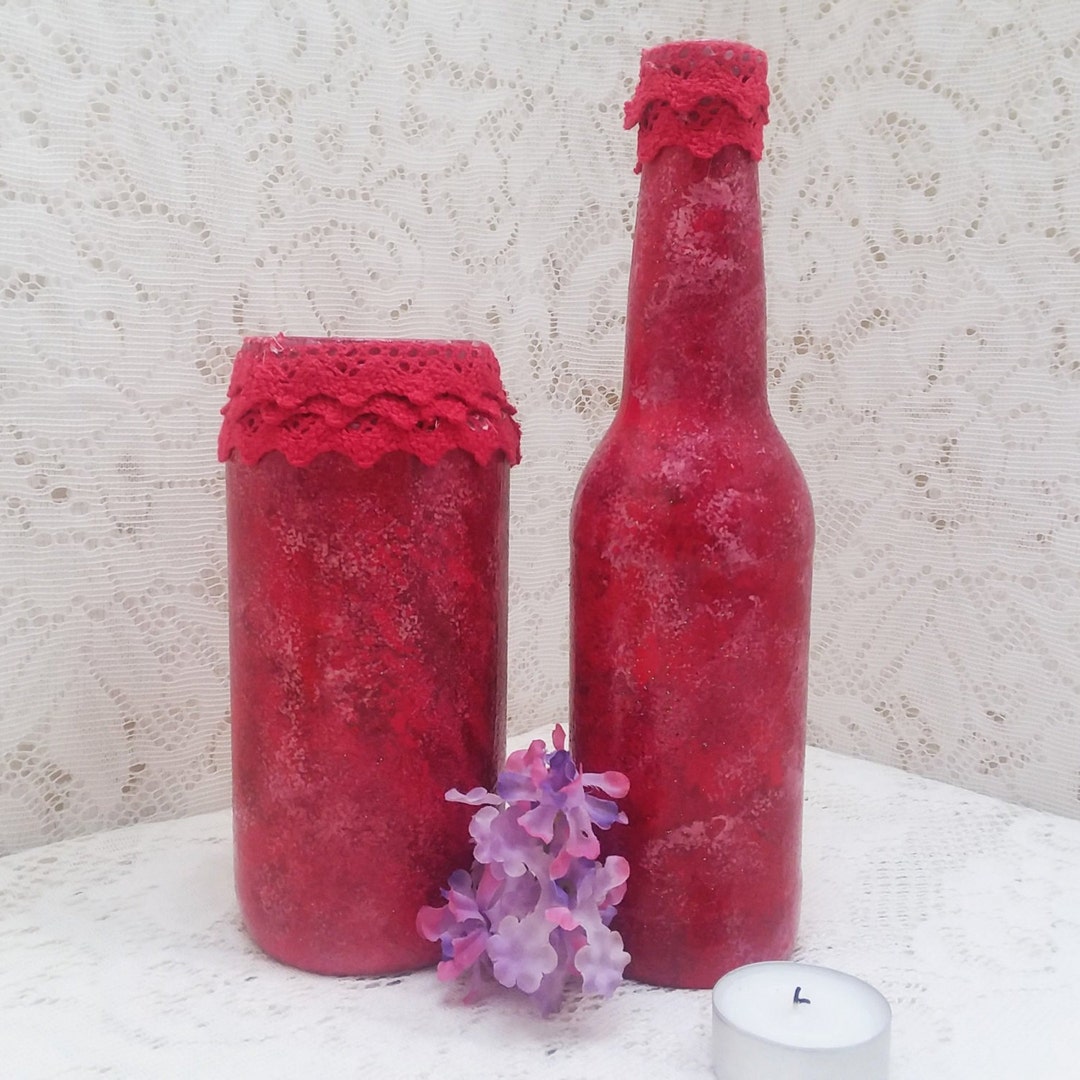 Red Painted Bottle and Jar Set, Upcycled Painted Bottle Art, Red Boho ...