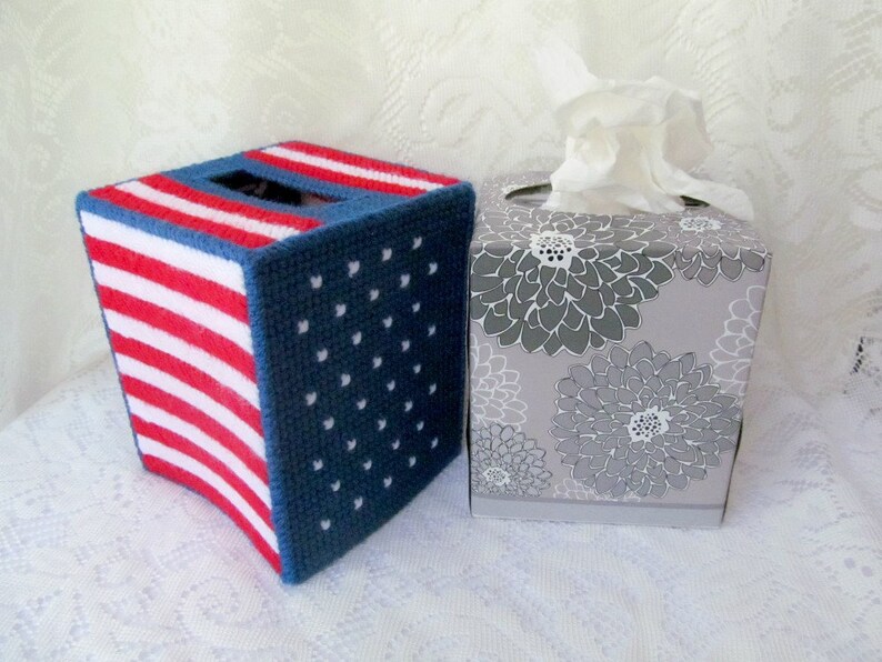 American Flag Plastic Canvas Tissue Box Cover, Red White and Blue US ...