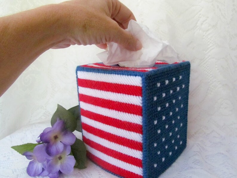 American Flag Plastic Canvas Tissue Box Cover, Red White and Blue US ...