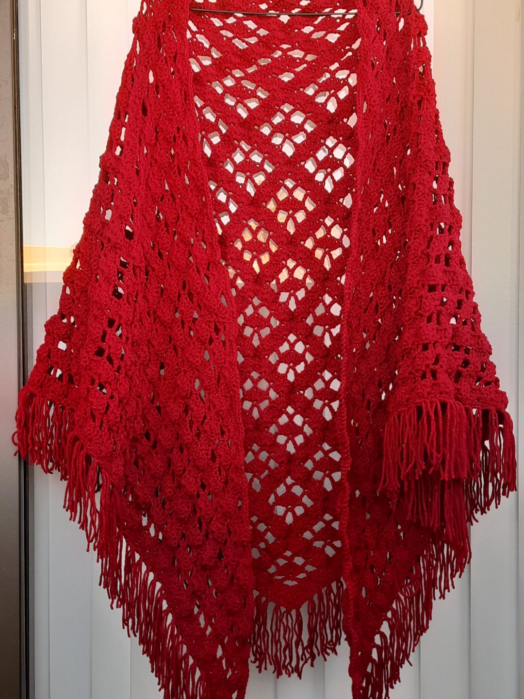 Handmade Ruby Red Crochet Shawl: Fringed Acrylic Lace Wrap, Hand Knitted Shawl, Triangle Scarf ...