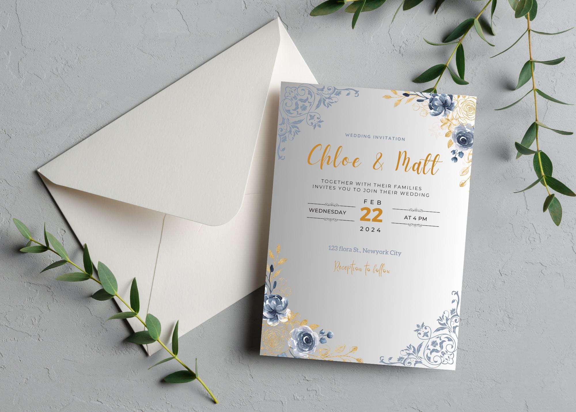 Elegant Grey Wedding Invitation Card - Editable Canva Template With ...