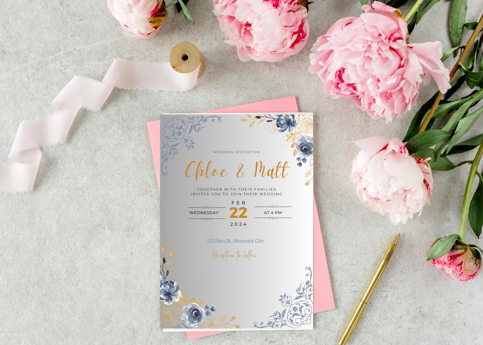 Elegant Grey Wedding Invitation Card - Editable Canva Template With ...