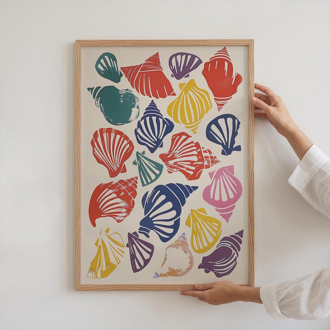 Seashell Collage Print Colorful Beach House Decor Summer Airbnb Scallop ...