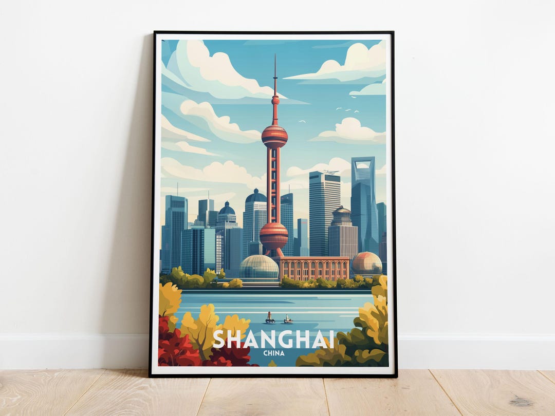 Shanghai Travel Print - City Skyline Poster, Oriental Travel Poster ...
