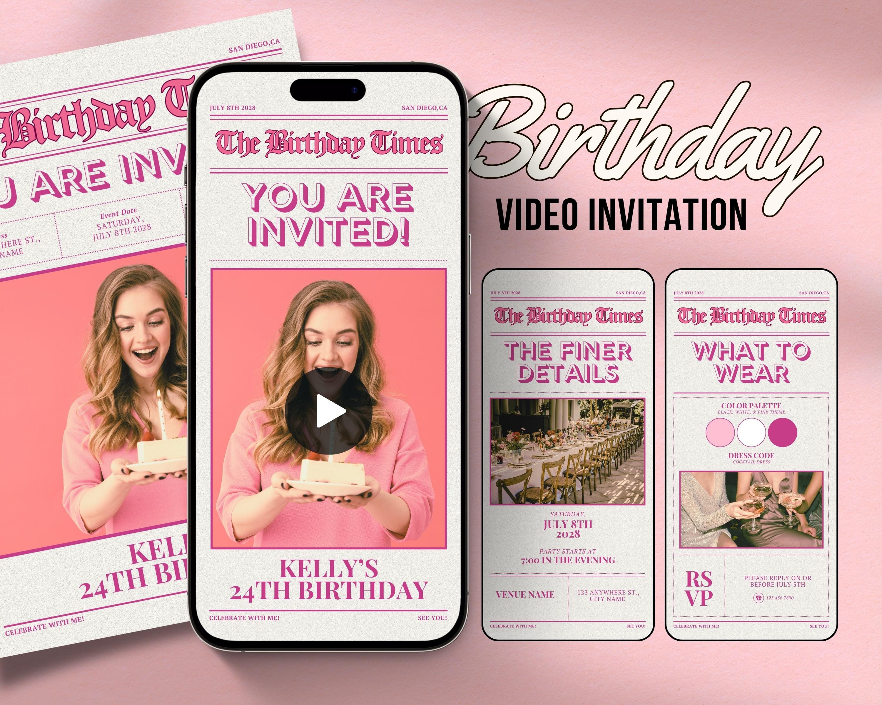 Newspaper Birthday Video Invitation Animated Pink Birthday Announcement ...