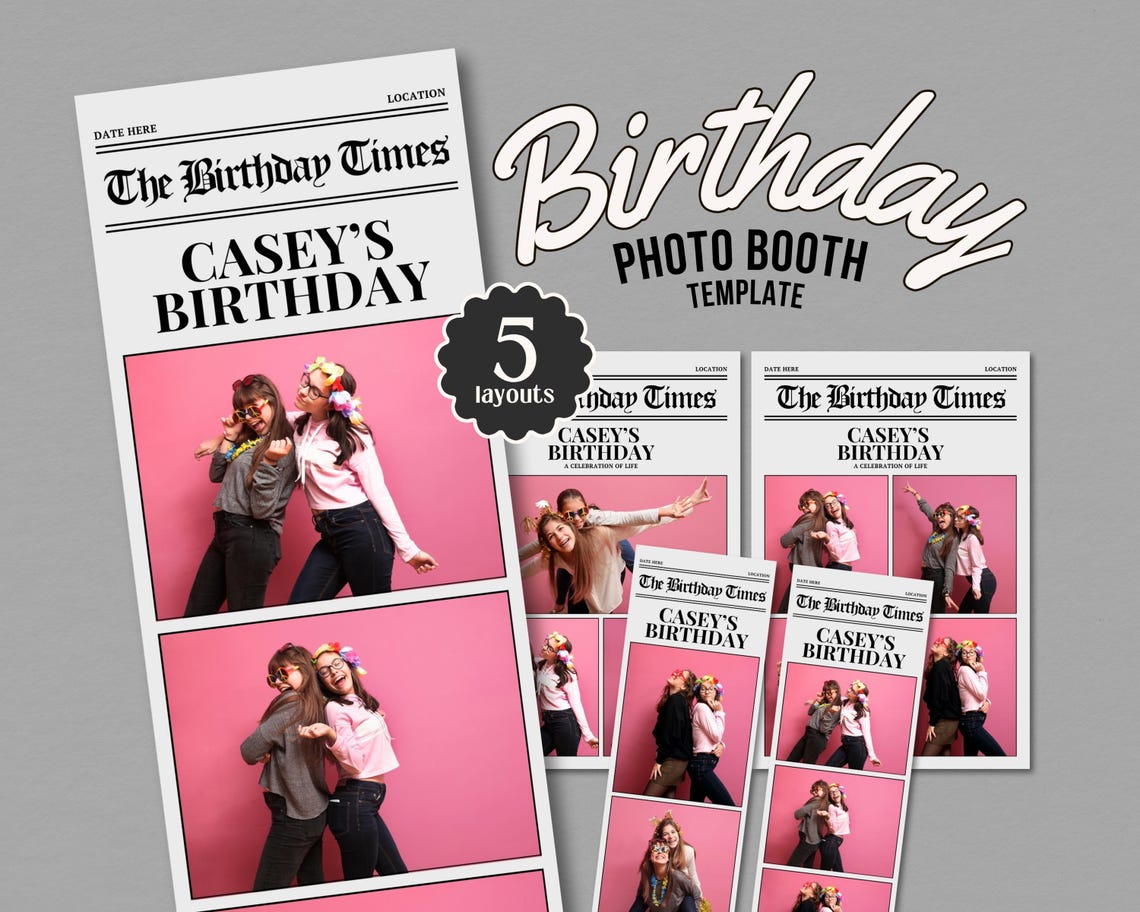 Birthday Times Photo Booth Strip Template Vintage Newspaper Photo Booth ...