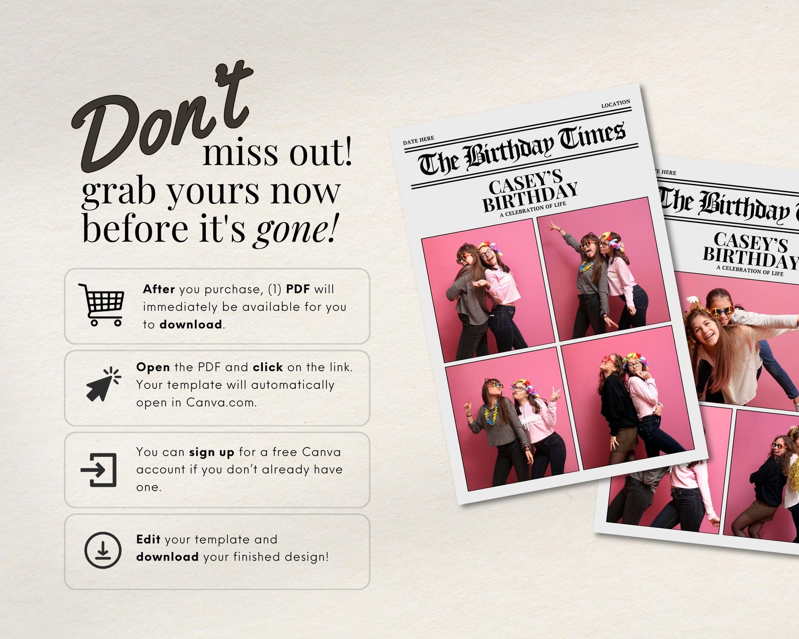 Birthday Times Photo Booth Strip Template Vintage Newspaper Photo Booth ...