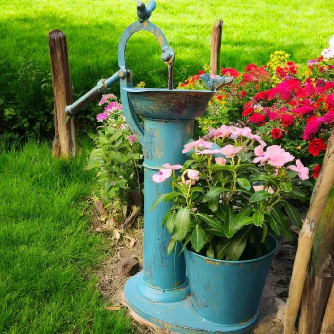 Antique Blue Water Hand Pump Planter Metal Barrel Flower Pot, Bird ...