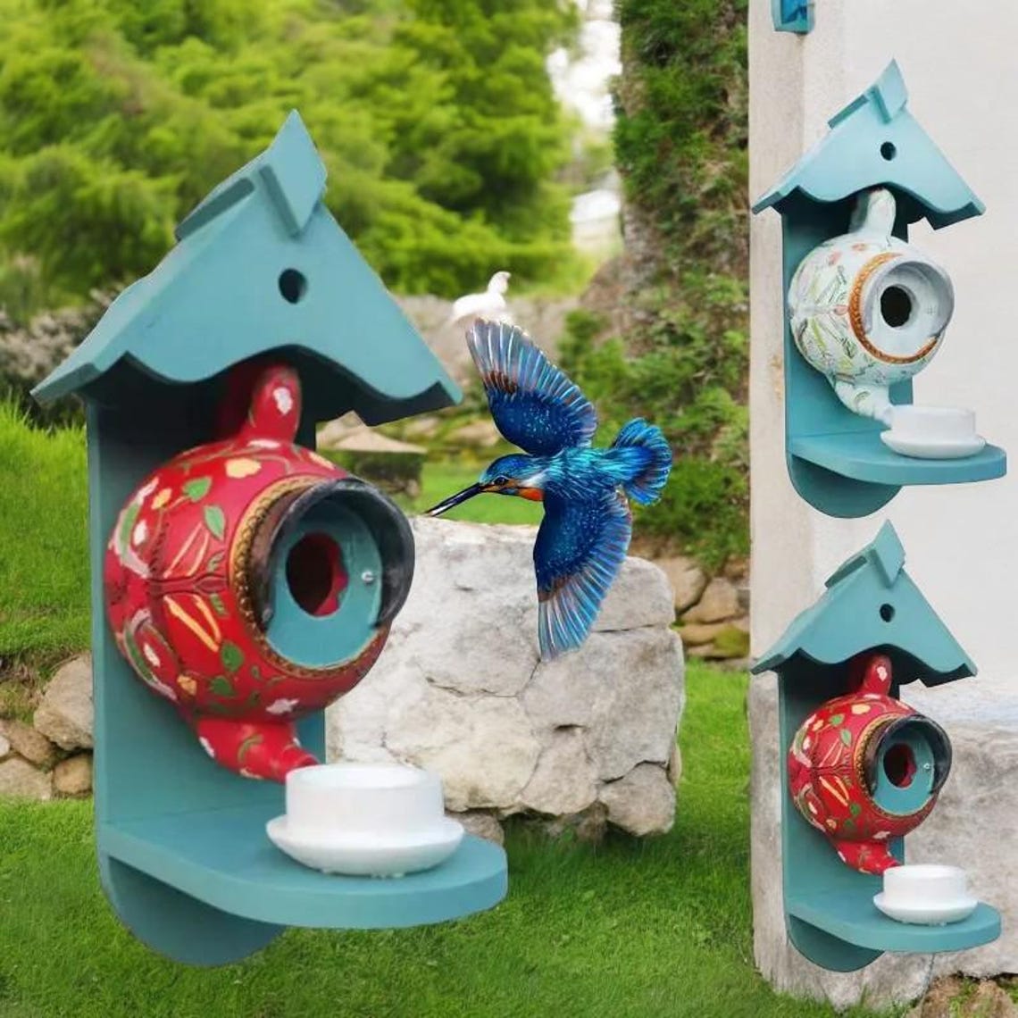 Vintage Teapot Bird Feeder Antique Hanging Garden Bird House, Outdoor ...