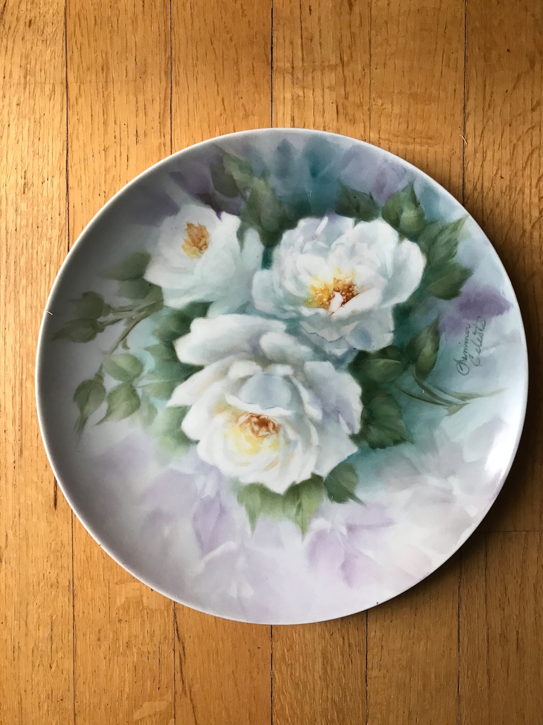 White Roses Original Painting, Original Porcelain Painted Plate, Hand ...