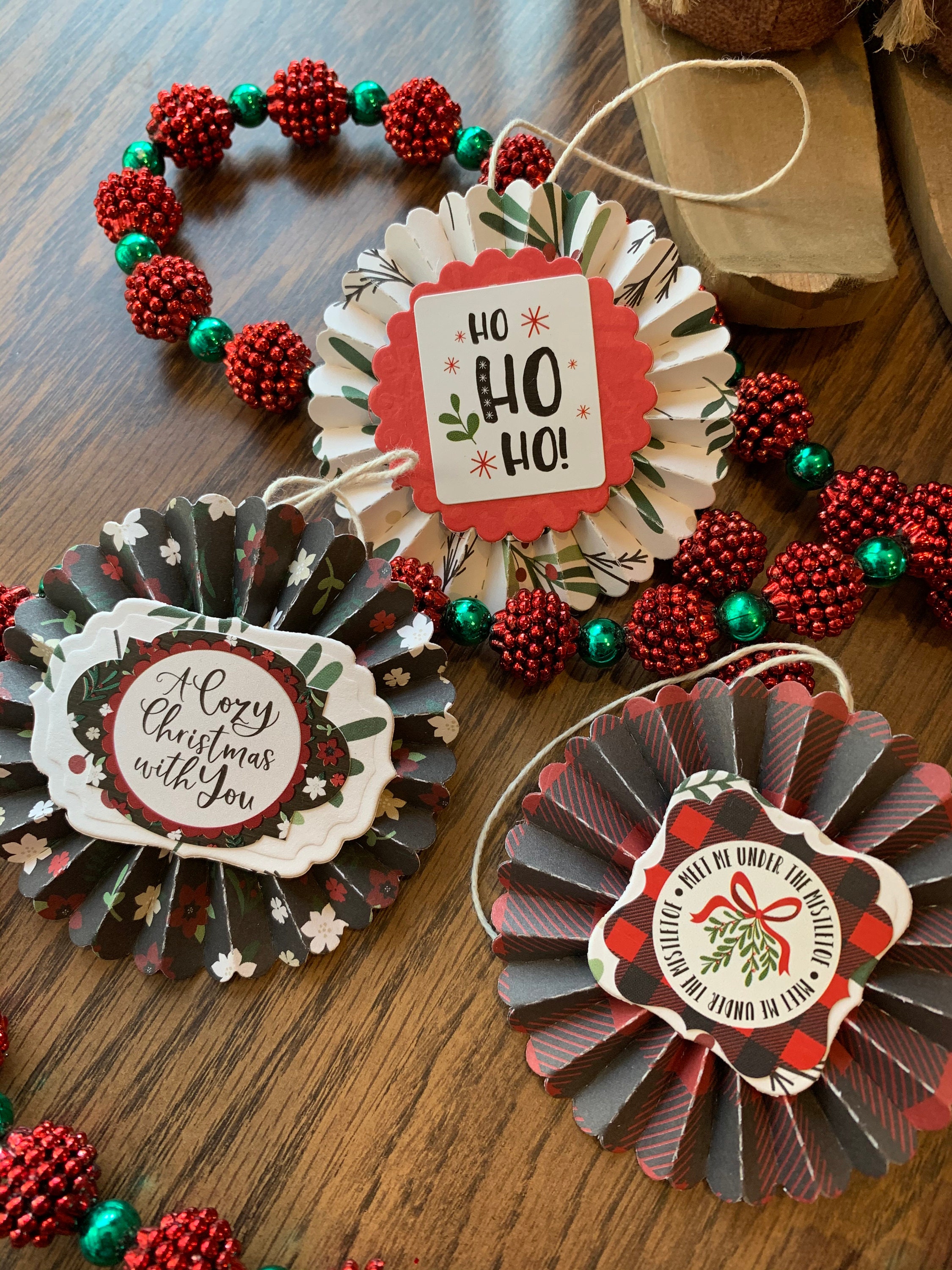 Christmas Ornament Set - Paper Rosette Holiday Ornaments - Miniature ...
