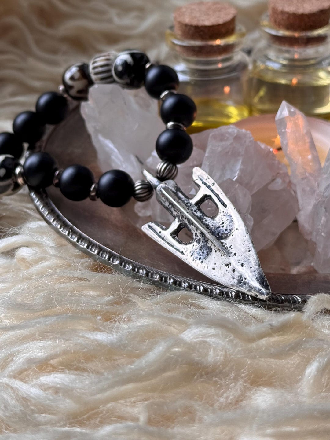 Handcuffed Sterling Silver Arrowhead, Natural Matt Black Onyx Beads and ...