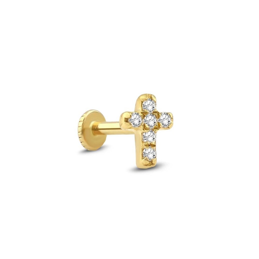 14k Gold Diamond Cross Piercing, Gold Symbol Piercing, Religious ...