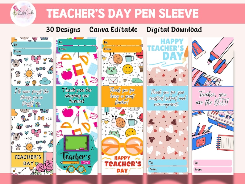Teacher's Day Pen Sleeve Template | 30 Designs | Canva Editable Digital ...