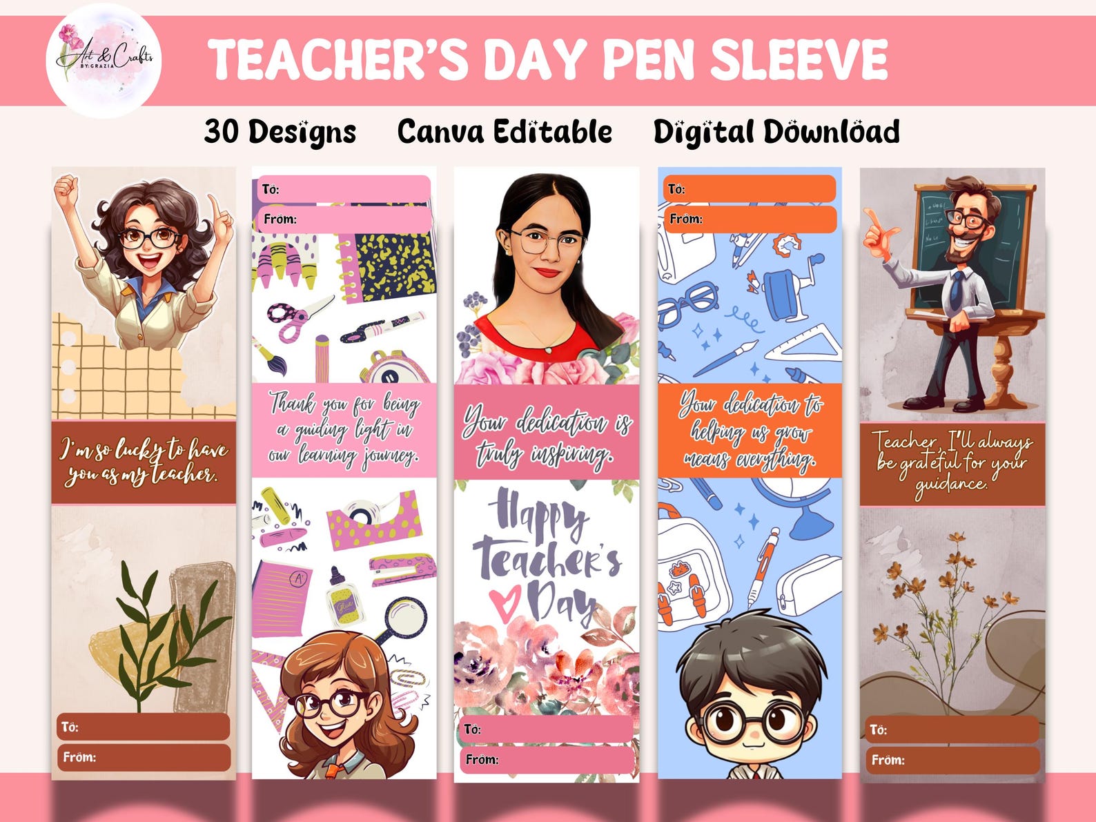 Teacher's Day Pen Sleeve Template | 30 Designs | Canva Editable Digital ...
