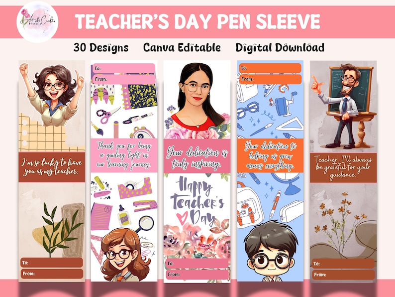 Teacher's Day Pen Sleeve Template | 30 Designs | Canva Editable Digital ...