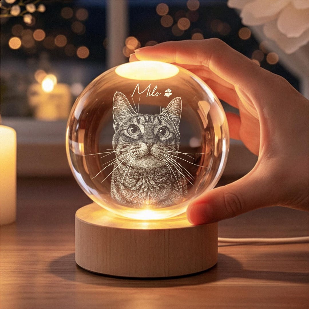 Personalized Crystal Ball Night Light: Engraved Pet Sketch Portrait, 3D ...