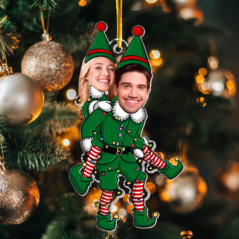 Personalized Couple Funny Elf Photo Ornament, Custom Funny Face for ...