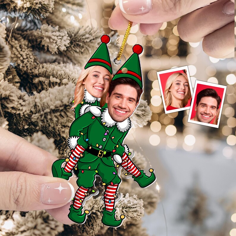 Personalized Couple Funny Elf Photo Ornament, Custom Funny Face for ...