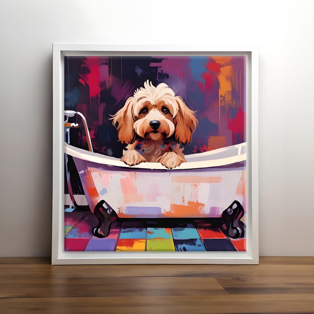 Cockapoo Dog Sitting in the Bathtub Painting Art, Funny Bathroom Art ...