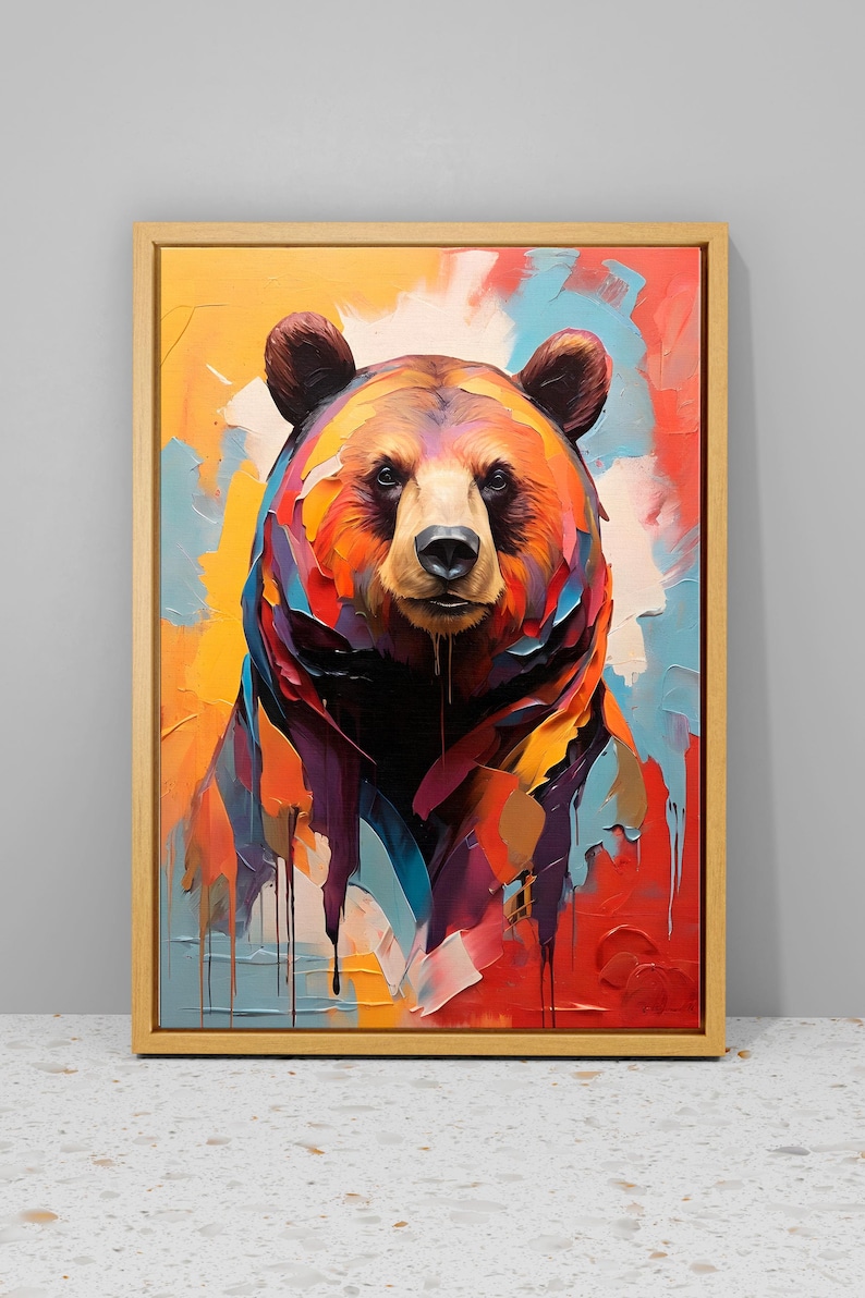 Abstract Brown Grizzly Bear Oil Painting Print on Framed Canvas, Animal ...