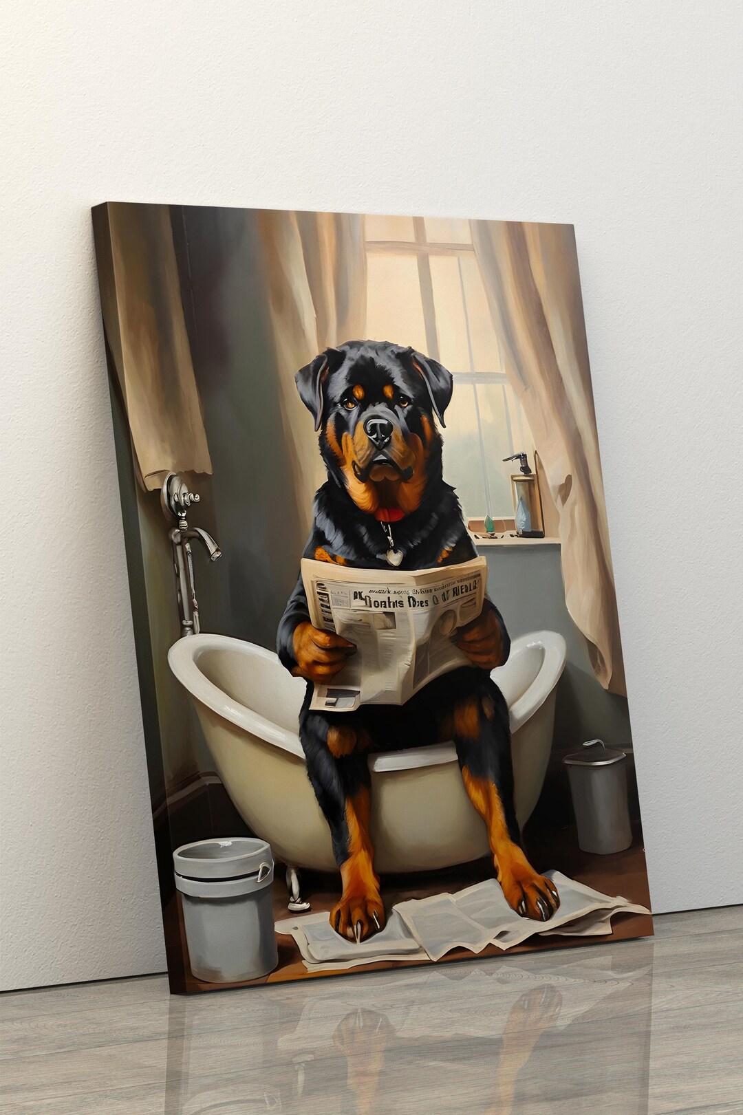 Rottweiler Sitting on the Toilet Reading a Newspaper Wall Art, Funny ...