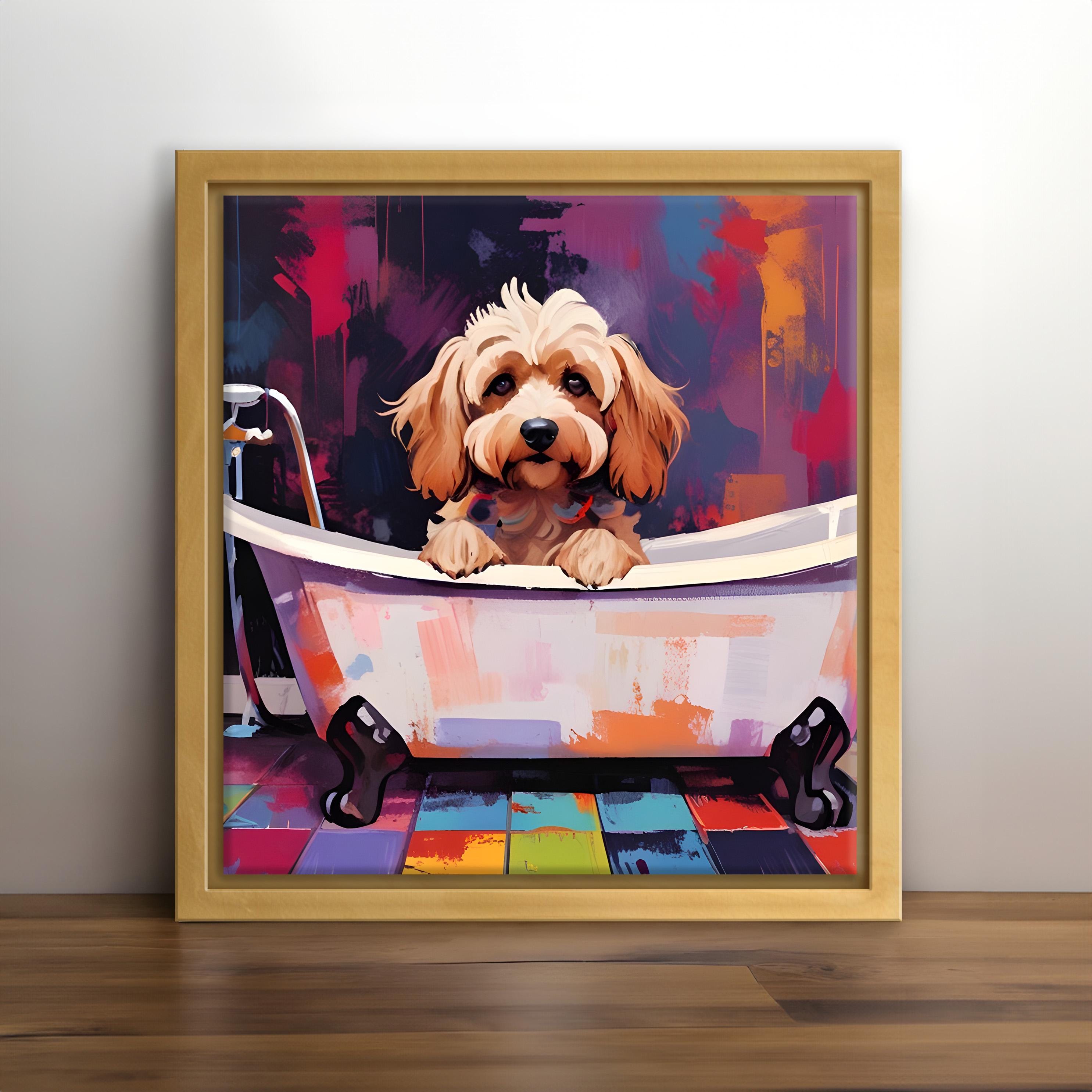 Cockapoo Dog Sitting in the Bathtub Painting Art, Funny Bathroom Art ...