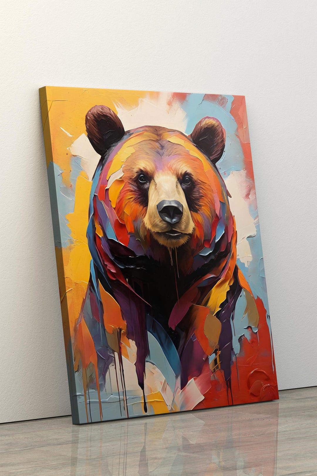 Abstract Brown Grizzly Bear Oil Painting Print on Framed Canvas, Animal ...