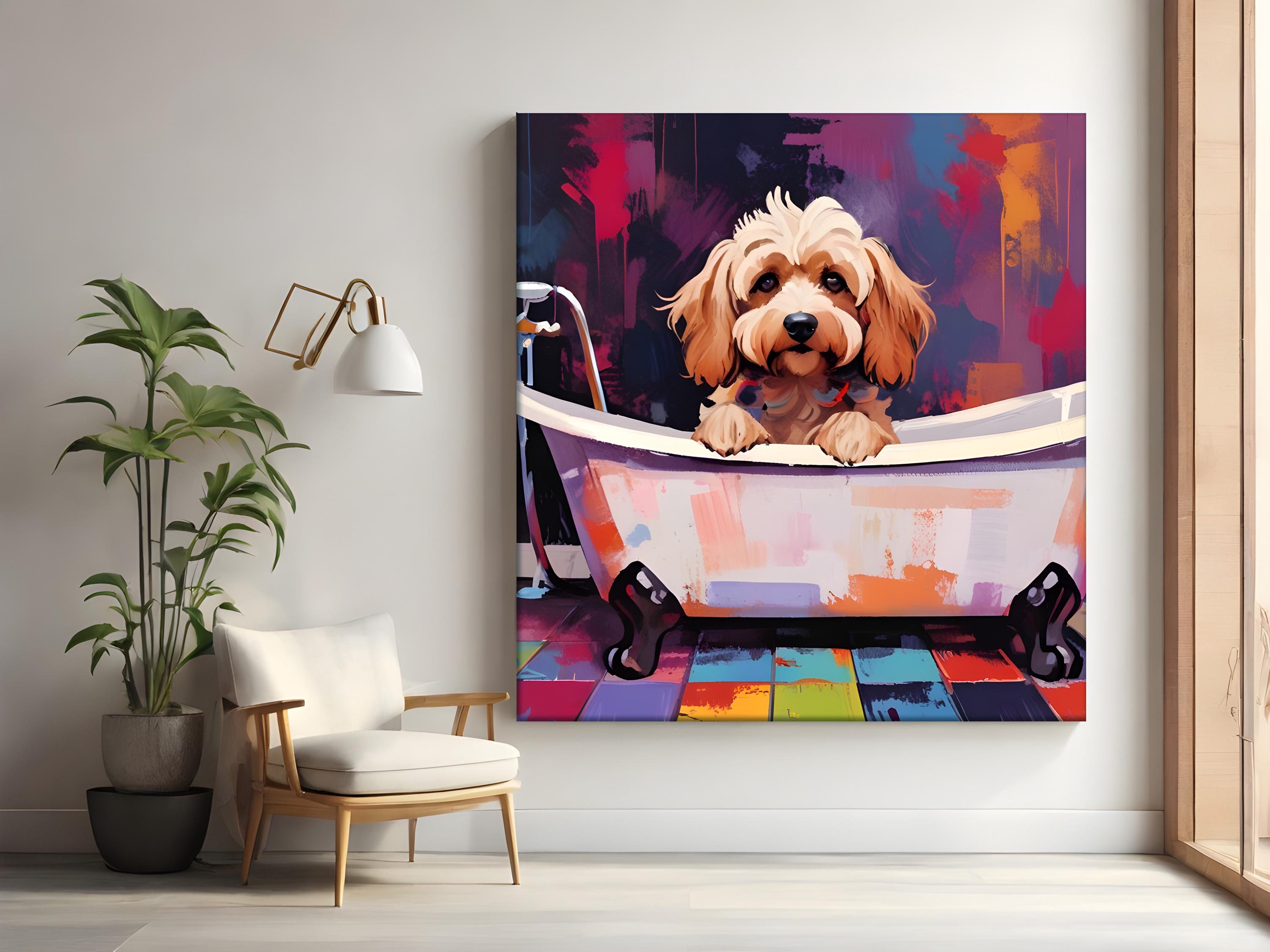 Cockapoo Dog Sitting in the Bathtub Painting Art, Funny Bathroom Art ...
