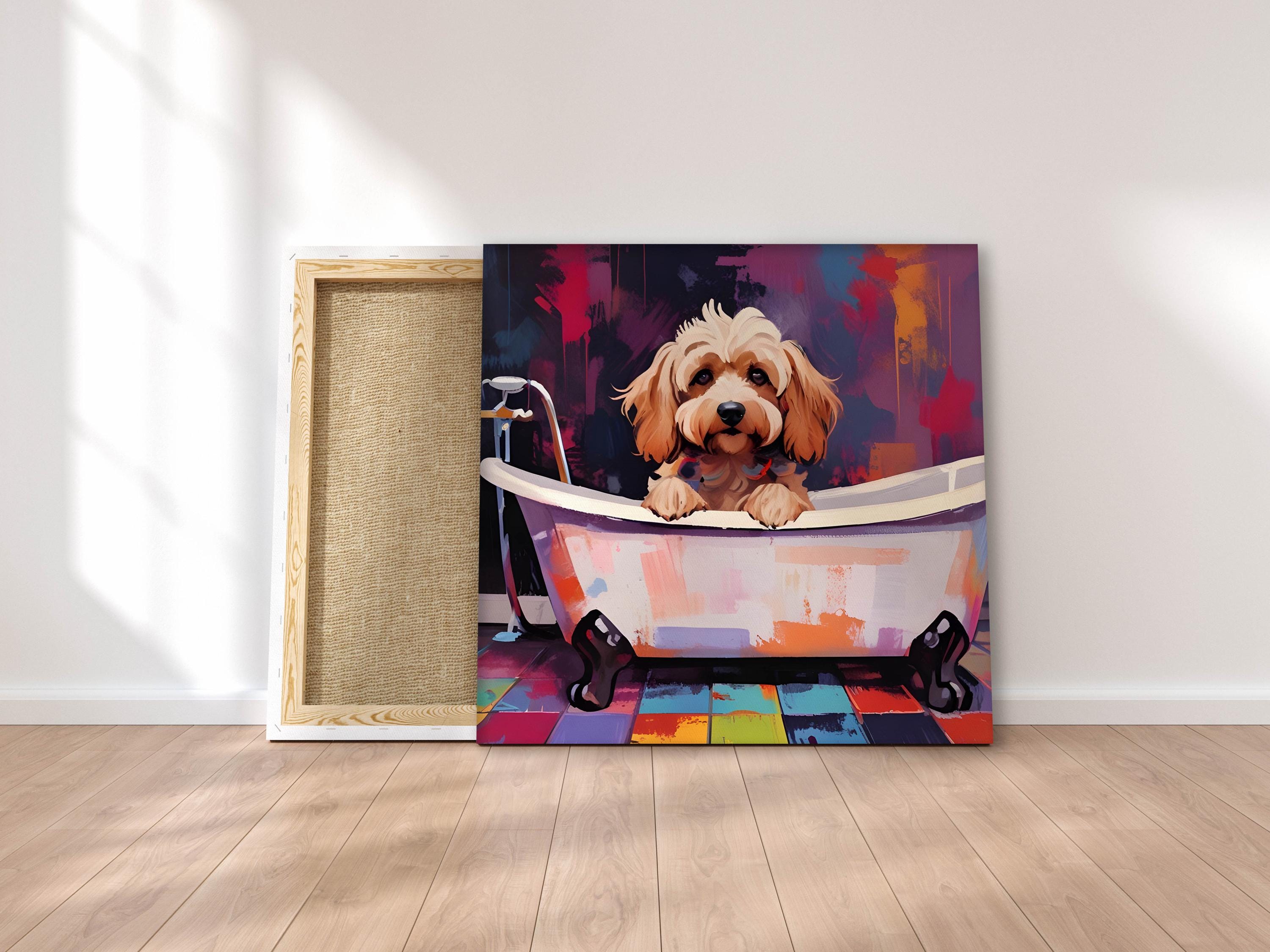 Cockapoo Dog Sitting in the Bathtub Painting Art, Funny Bathroom Art ...