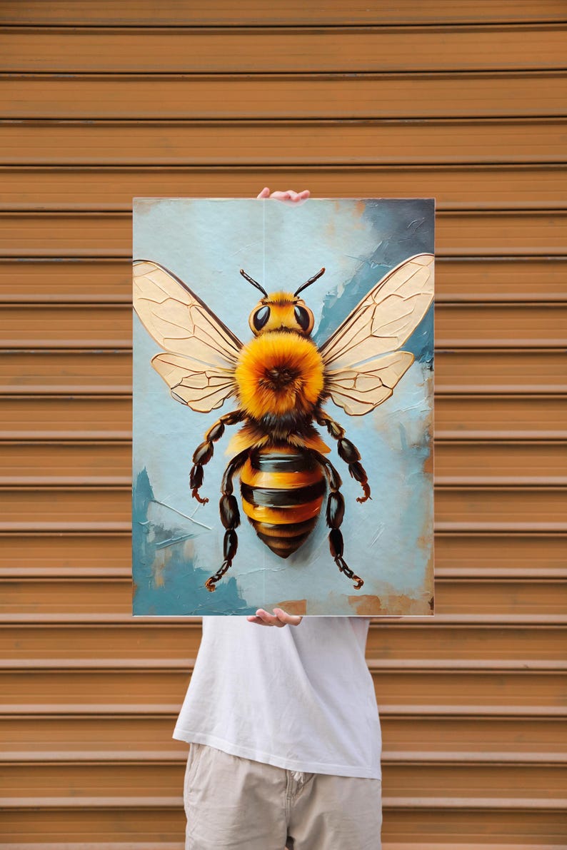 Yellow Honey Bee on Blue Abstract Colors Background, Bee Wall Art ...