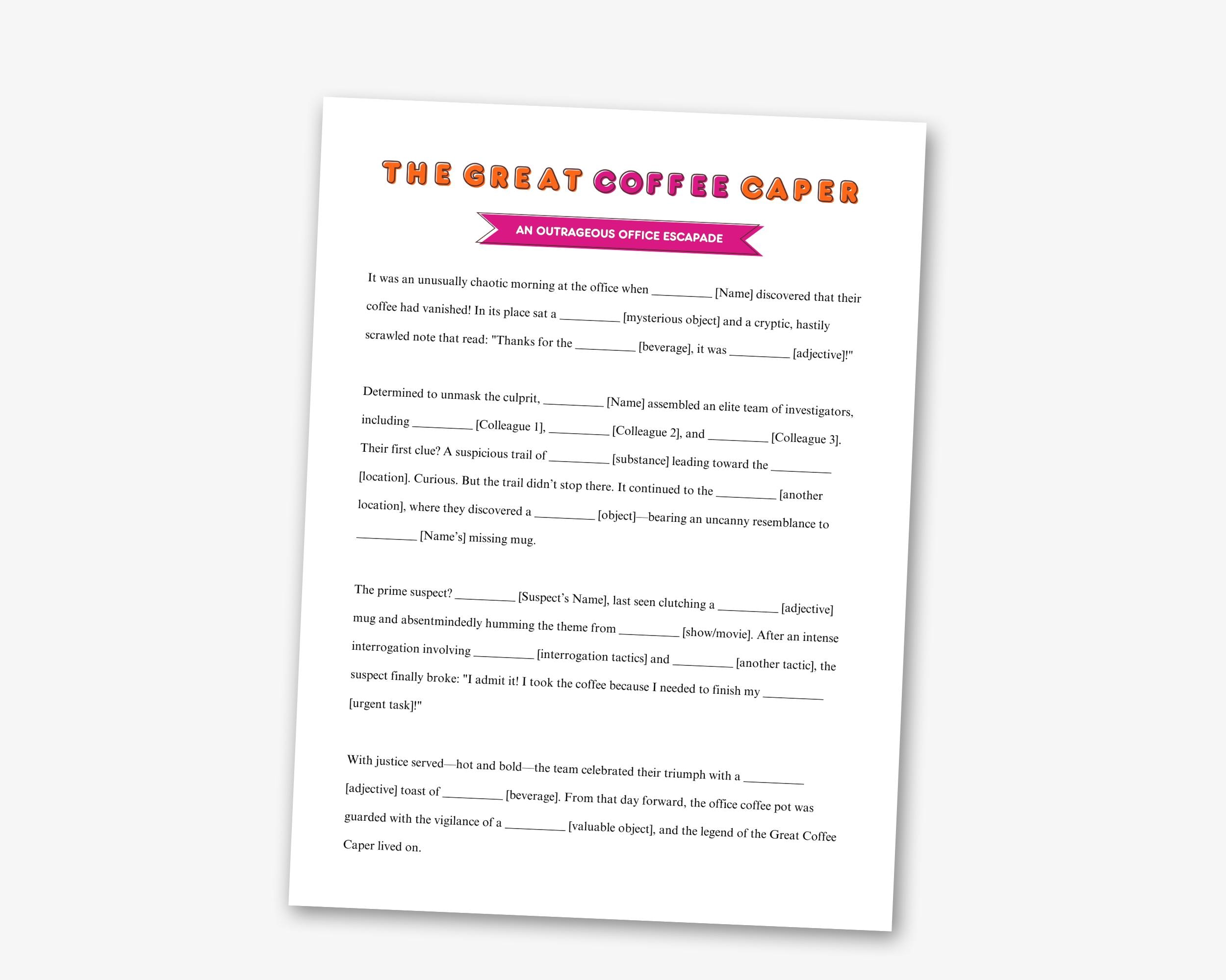 A Hilarious Mad Libs for the Office Game, the Great Coffee Caper, Mad ...