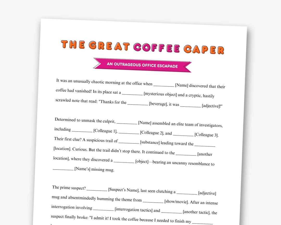 A Hilarious Mad Libs for the Office Game, the Great Coffee Caper, Mad ...