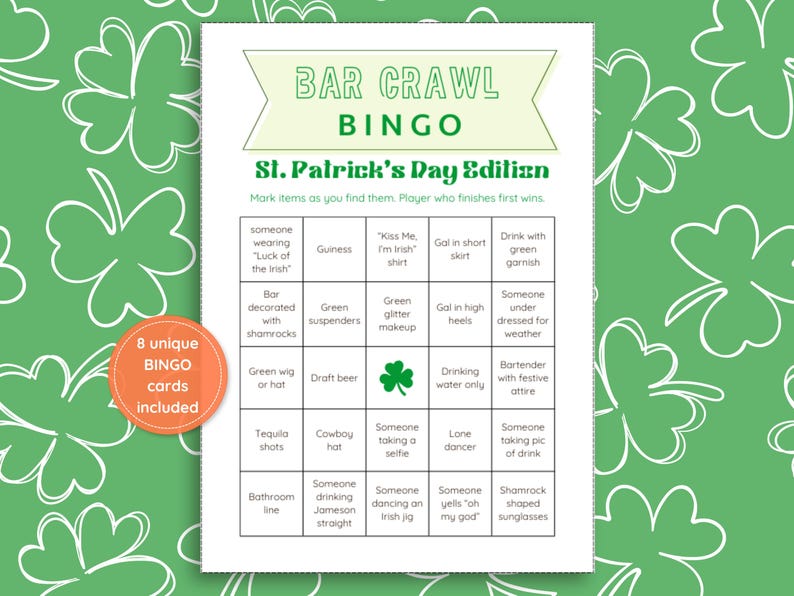 St. Patrick's Day Bar Crawl Bingo, Bar Crawl Scavenger Hunt, Printable ...