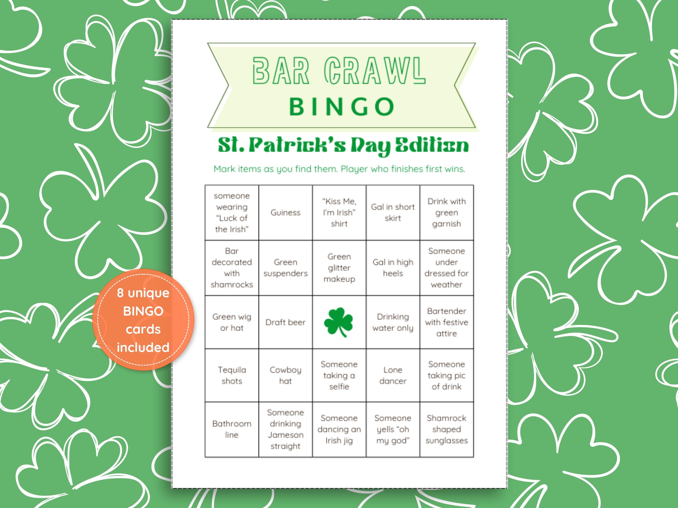 St. Patrick's Day Bar Crawl Bingo, Bar Crawl Scavenger Hunt, Printable ...