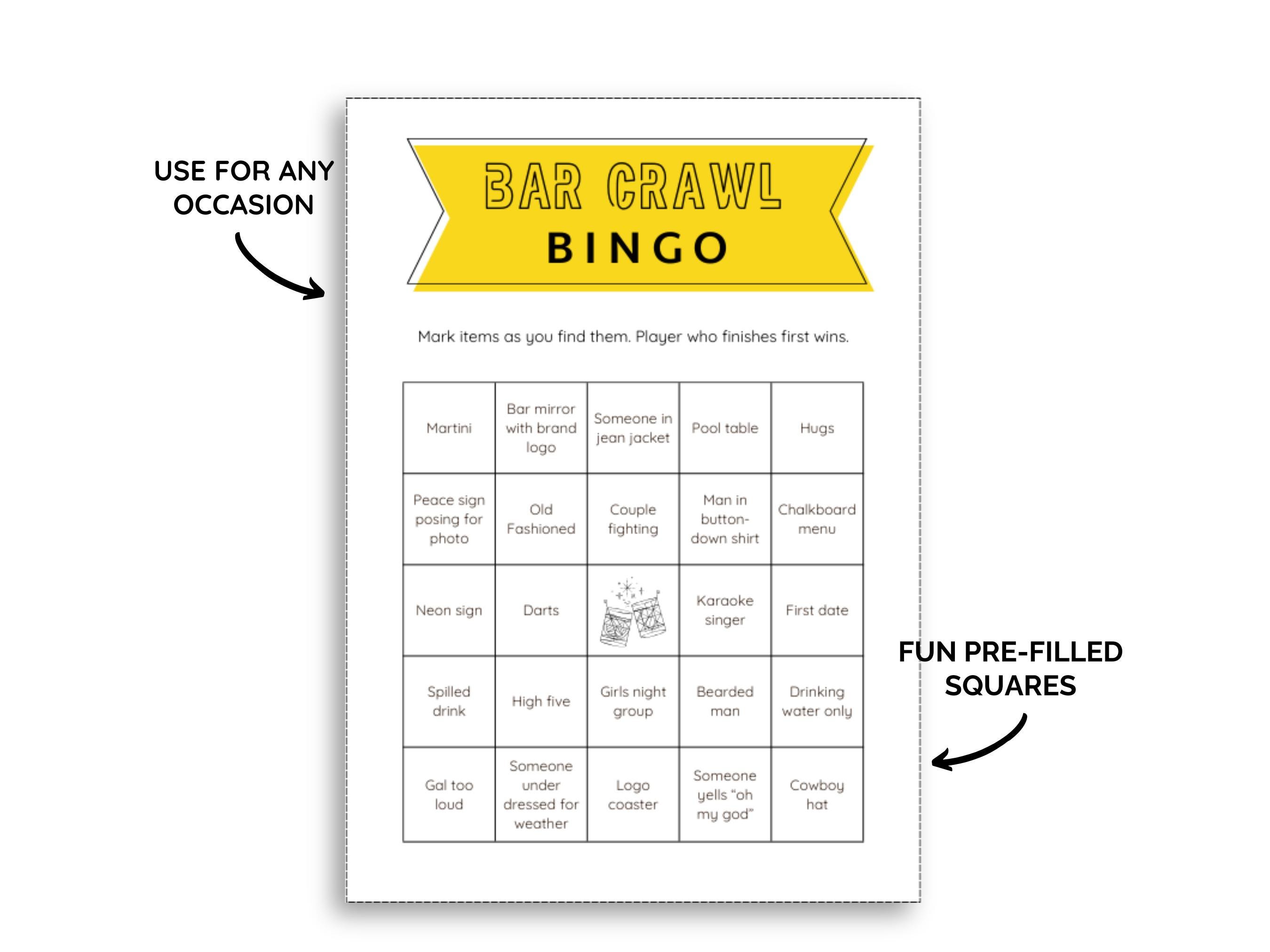 Bar Crawl Bingo | Bar Crawl Scavenger Hunt | Printable Bingo Cards for ...