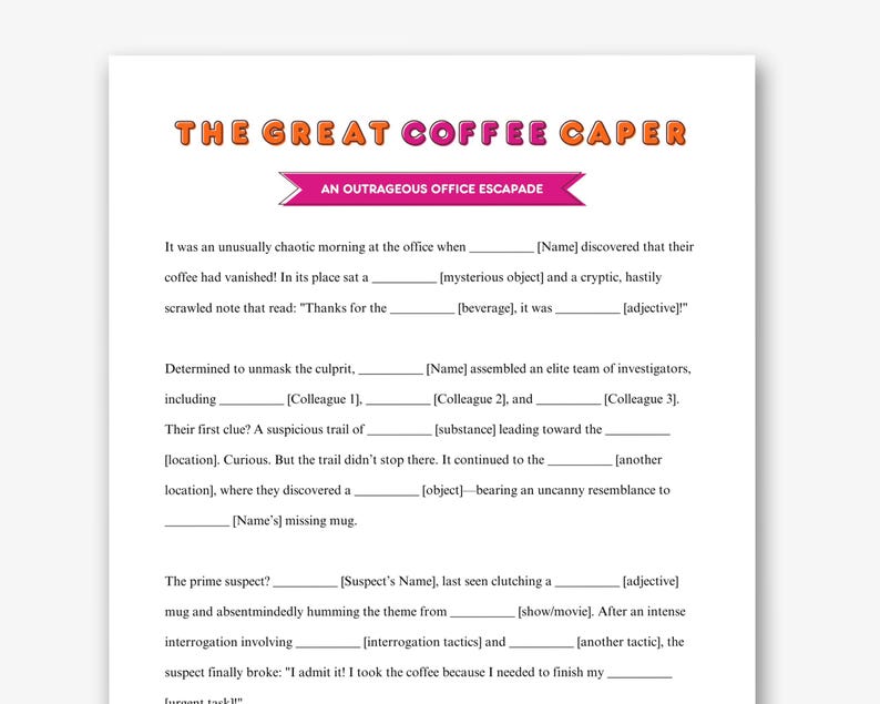 A Hilarious Mad Libs for the Office Game, the Great Coffee Caper, Mad ...