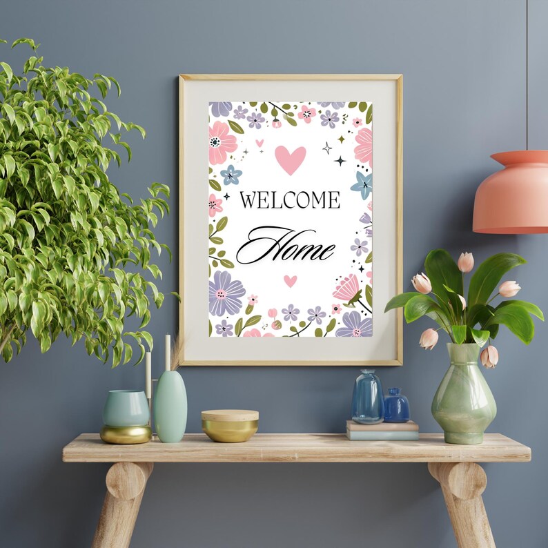 Printable Welcome Home Wall Art, Cute Floral Wall Art, Pastel Home ...